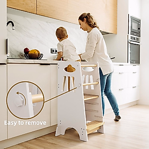 XJD Toddler Standing Tower Adjustable Height Thickened Toddler Wooden Kitchen Stool Helper - Ideal Kids Kitchen Step Stool for Learning New Skills Safety Feet (Nature)