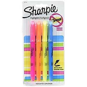 Sharpie 27174PP Pocket Highlighters, Smearguard Ink Technology, Slim Shape, 1 Blister with 4 Assorted Color Highlighters