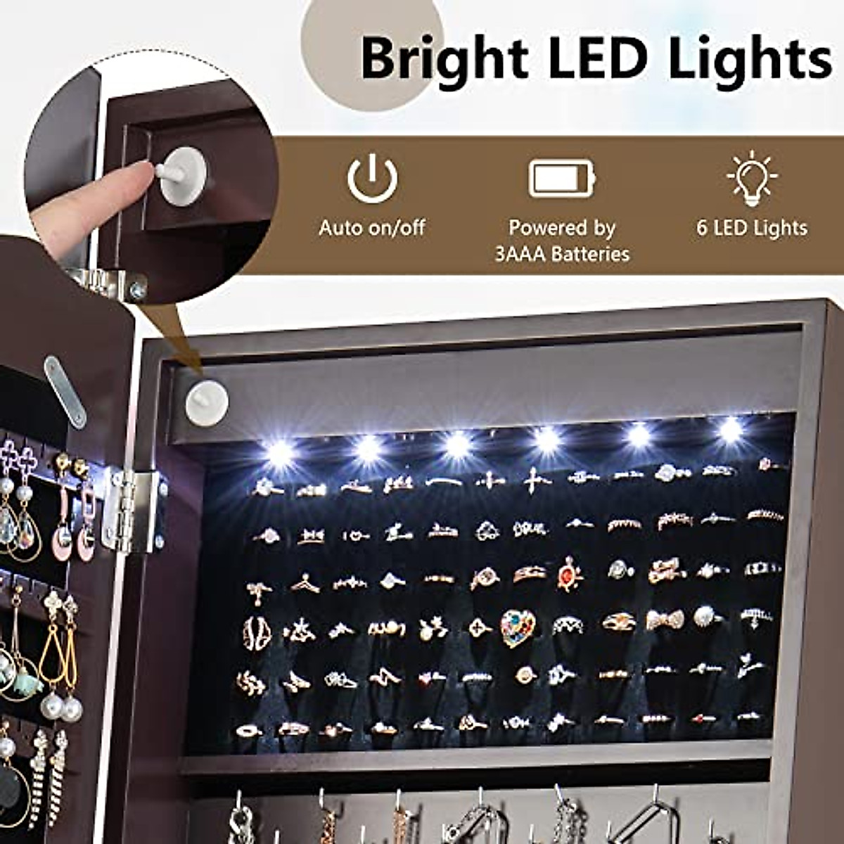 COSTWAY 6 LEDs Mirror Jewelry Cabinet with Wheels, Lockable Jewelry Storage Organizer w/Full-Length Mirror and 3 Adjustable Angles, Floor Standing Jewelry Armoire for Living Room Bedroom (Brown)