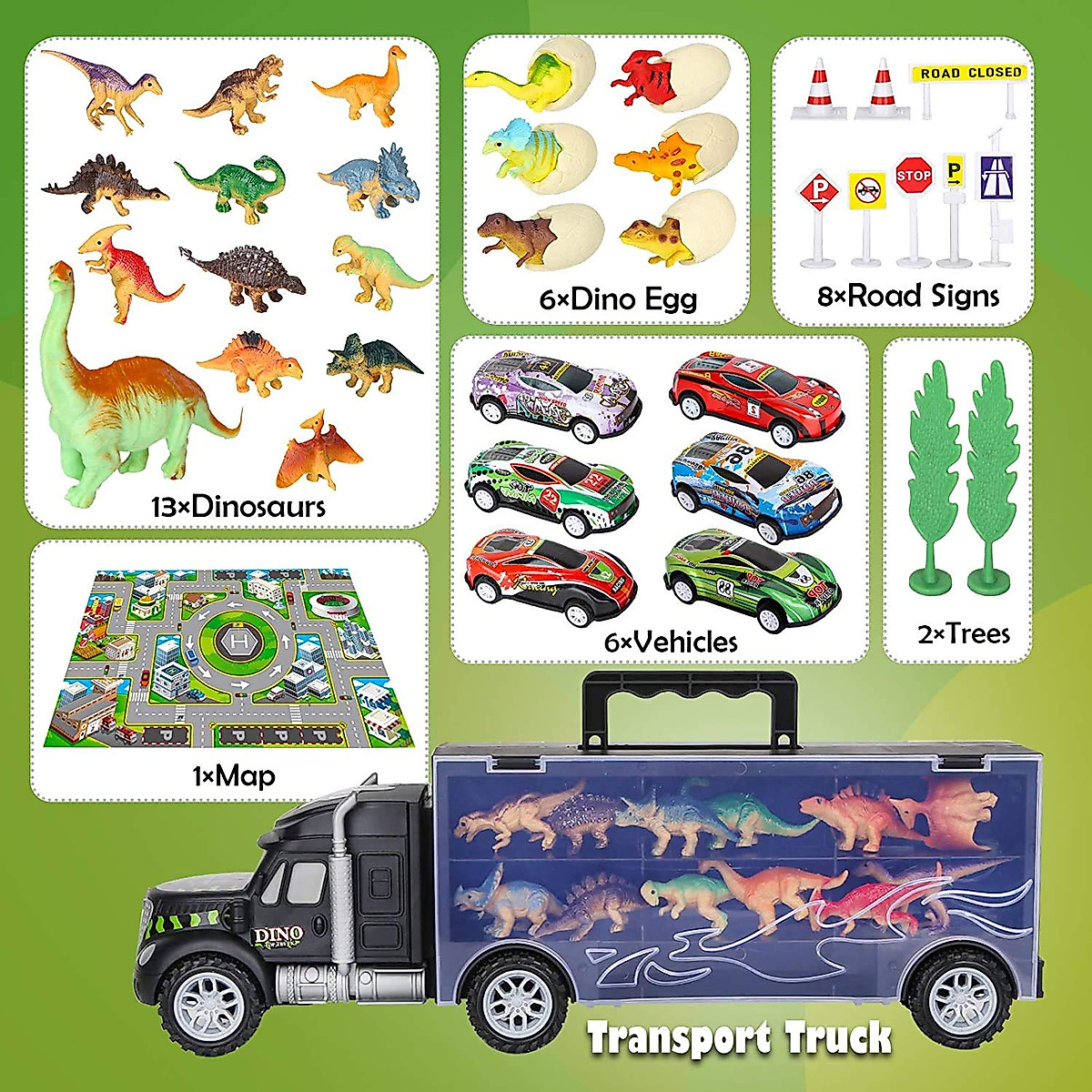 YIMORE Dinosaur Truck Toy Car Transporter Carrier Set Include Dinosaur Figures & Egg Mini Racing Car with Play Mat, Road Signs for Children 37PCS
