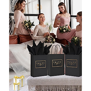 LWBDD 50 Pack Thank You Gift Bags-Small Size Thank You Bags in Bulk With Handles & Tissue Paper for Wedding, Baby Shower, Business, Shopping, Party Favors, Birthday, Hotel Guests (Black-Gold)