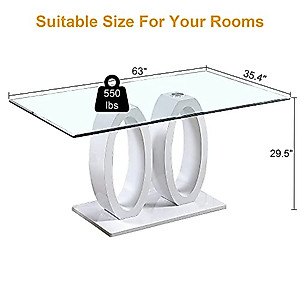Pvillez Glass Dining Table for 6 People, 63" Modern Glass Dinner Kitchen Table for Dining Room Kitchen, Rectangular Glass Top Dining Table with White High Gloss Dual Oval Base Pedestal Dining Table