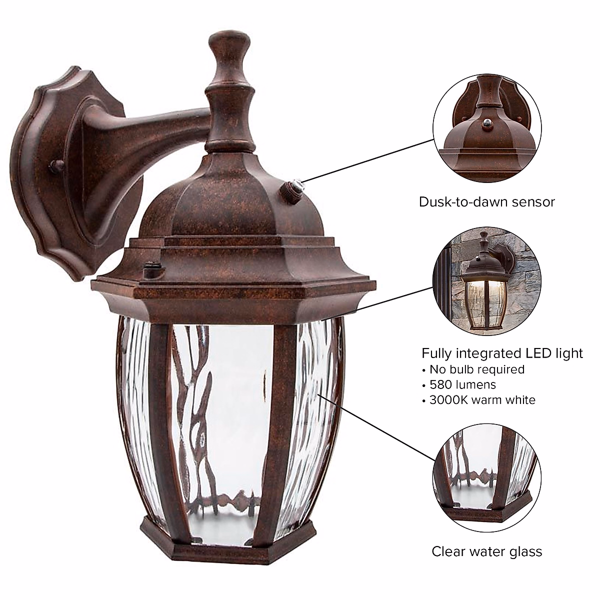 Maxxima LED Outdoor Wall Light - Features Clear Water Glass, 3000K Warm White, 580 Lumens, Dusk to Dawn Photocell Light Sensor, Patio or Porch Sconce Fixture, Ideal for Exterior Decor Lighting - Brown