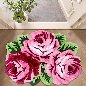 ABREEZE 3 Rose Shaped Rug Pink Roses Rug Shaggy Bath Mat Anti-Slip Mat Personalized Custom Carpets Doormat Bathroom Rug Super Water Absorbent, Machine Washable