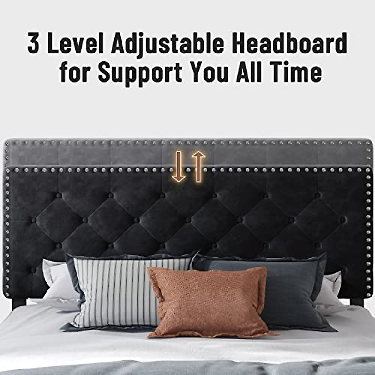 HOMBCK Upholstered Bed Frame Queen with Button Tufted Headboard, Queen Bed Frame No Box Spring Needed, Under Bed Storage, Wooden Slats Support, Noise-Free, Easy Assembly, Black