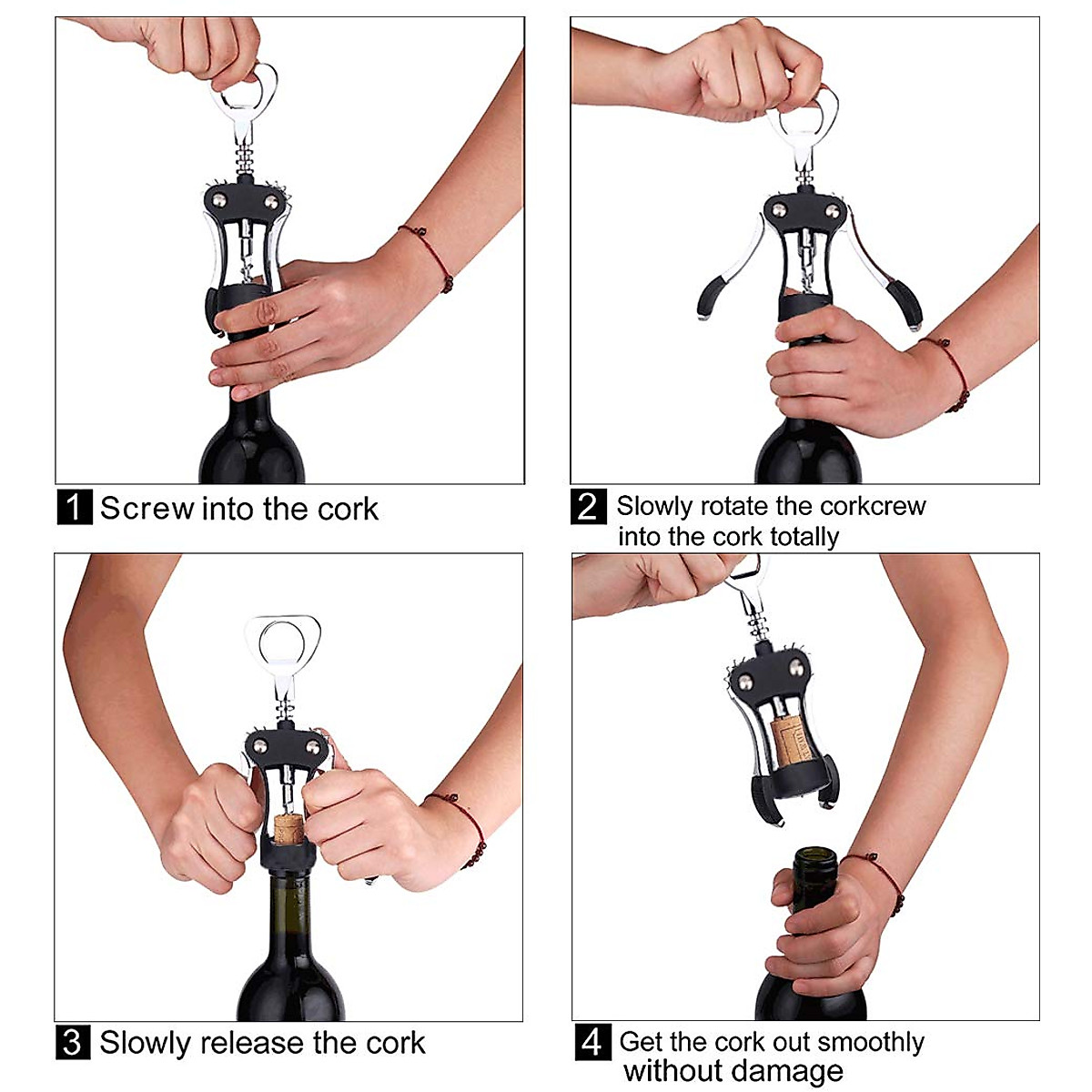 Foho Wine Opener, Multifunctional Wing Corkscrew Wine Bottle Opener for all Cork Stoppered and Beer Cap Bottles, Luxury Waiter Corkscrew with Stopper Set for Wine Enthusiast, Waiters - Black