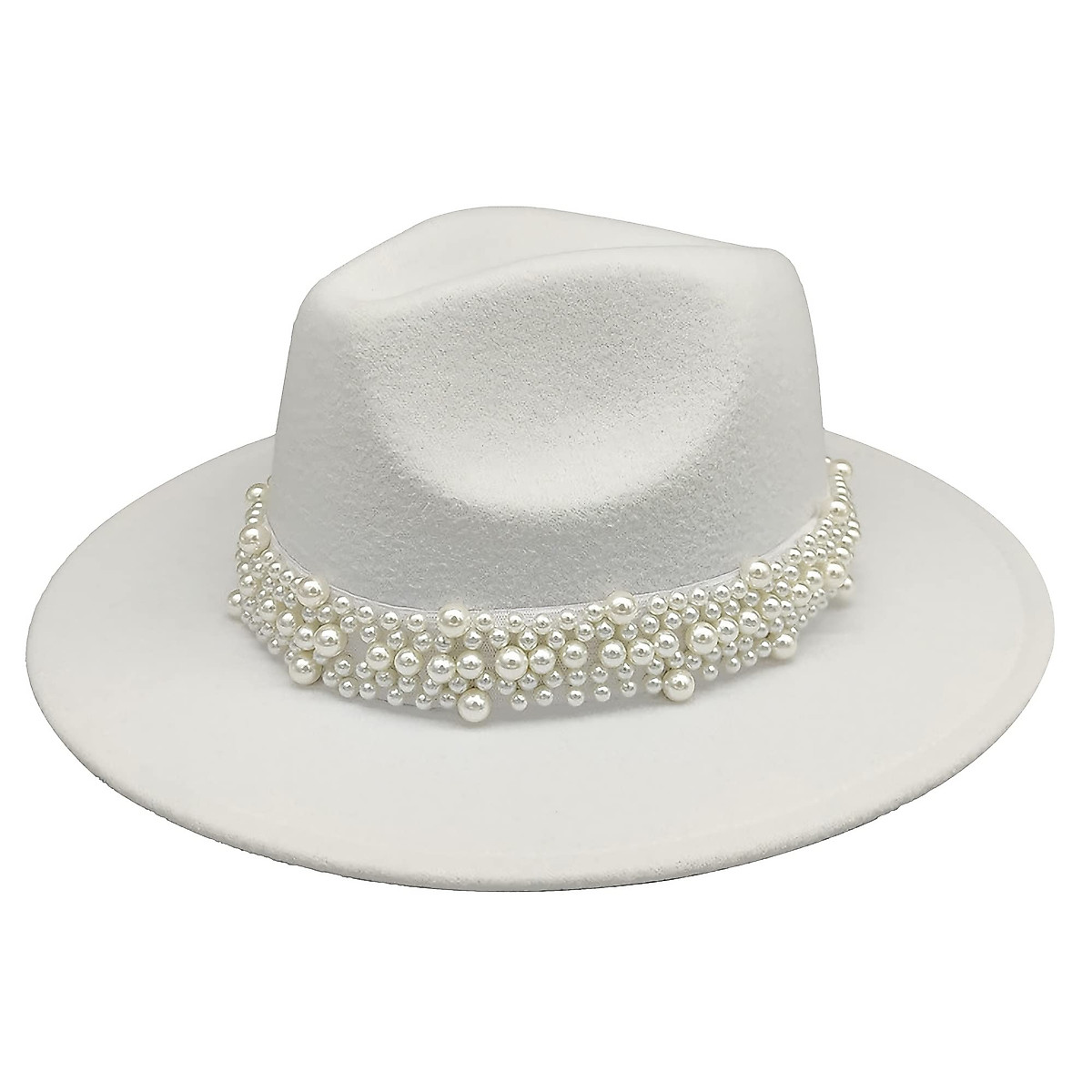 Qkrlamx Black Fedora Hats for Women Wool Panama Hat with Pearl Band Wide Brim Felt Hat Classic Trilby Hat White