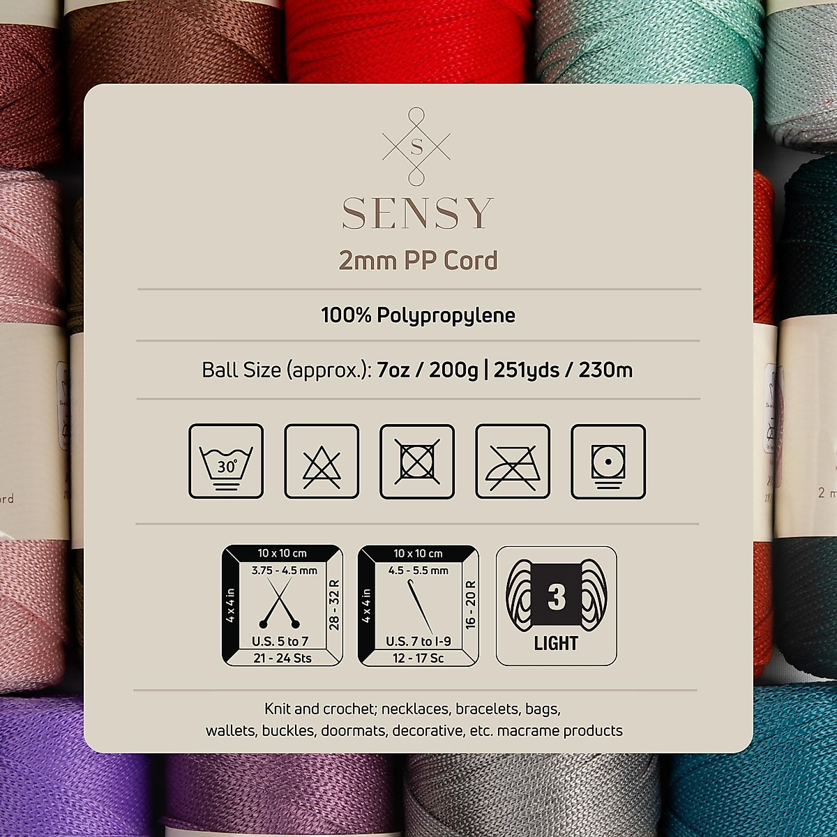 Sensy Premium 2mm 251 Yards Polyester Rope 100% Polypropylene Cord Macrame Cord 2mm Crochet Bag Cord Macrame Rope Crochet Thread Gift for Knitter (Mink)