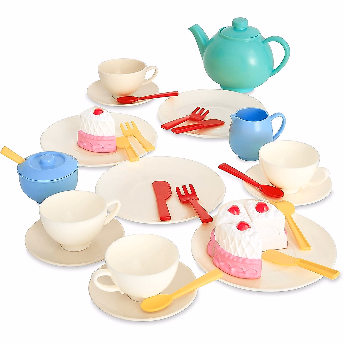 Casdon 36-Piece Tea Set - Colorful Toy Playset with Teapot, Milk Jug, Cups & Saucers, Cake, & More - Suitable for Preschool Toys - Playset for Children Aged 3+