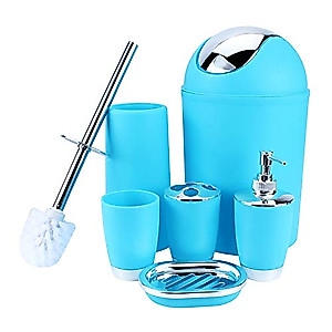 Bathroom Set Blue Bathroom Accessories Set 6 Pcs Plastic Bathroom Sets with Toothbrush Cup Toothbrush and Toothpaste Holder Soap Lotion Dispenser Rubbish Bin Toilet Brush with Holder Blue