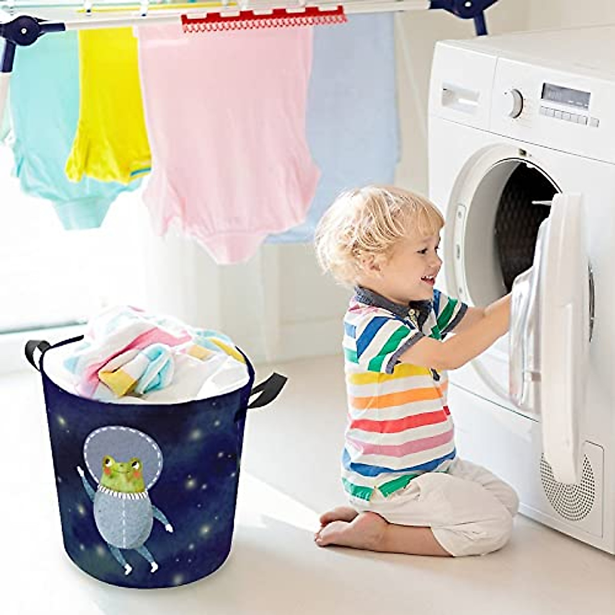 Cheerful Frog Astronaut Oxford Cloth Laundry Basket with Handles Storage Basket for Toy Organizer Kids Room Nursery Hamper Bathroom