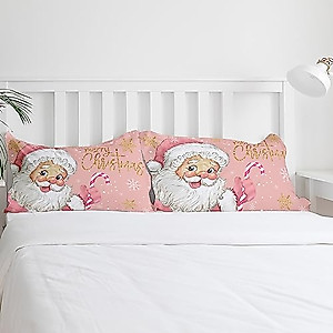 LBHAUSE 3 Piece Bedding Set Comforter/Quilt Cover Set Twin Size, Merry Christmas Duvet Cover Set with 2 Pillow Shams for Teens/Adults/Toddler Santa Claus Candy Snowflake Pink