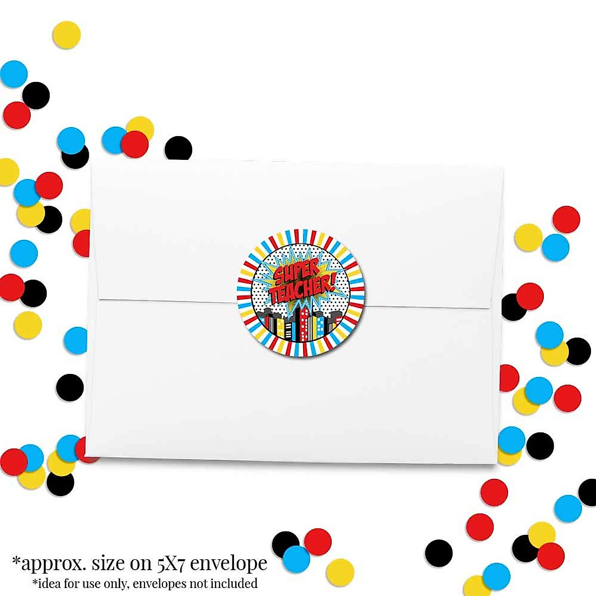 Super Teacher Super Hero Themed Teacher Appreciation Thank You Sticker Labels, 40 2" Party Circle Stickers by AmandaCreation, Great for Envelope Seals & Gift Bags