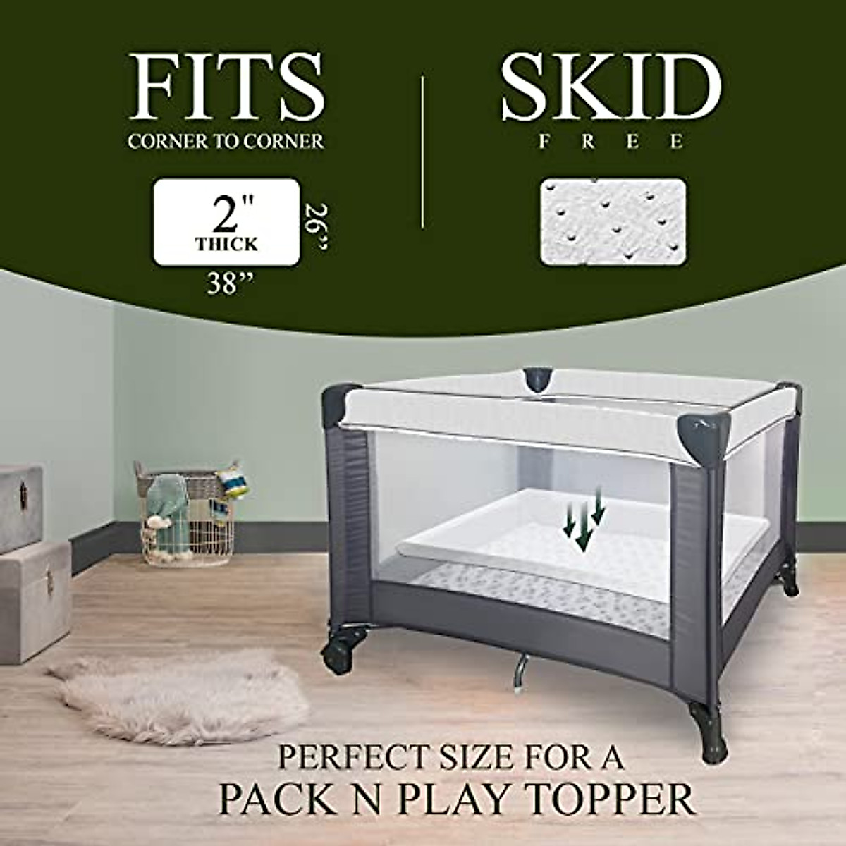 Organic Cotton Pack n Play Topper | CertiPUR-US Baby Mattress Pad for Portable Toddler Bed & Playard w/Washable Waterproof Cover, Soft Ventilated Foam Padding, Nonslip Bottom, Travel Strap | 26x38x2”