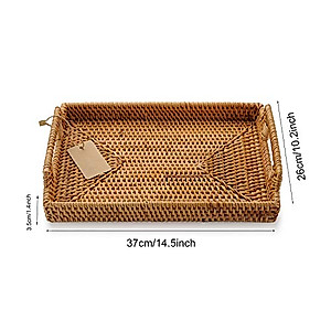 Hand-Woven Rattan Rectangular Serving Tray with Handles for Breakfast, Drinks, Snack for Coffee Table (14.5x10.2x1.4inches)