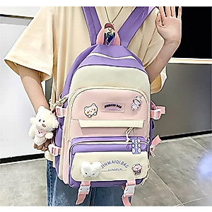 LaurelTree Kawaii Aesthetic Cute 5pcs School Bags Set with Accessories School Suppliers for Teens Girls Backpack Tote Bag (Purple)
