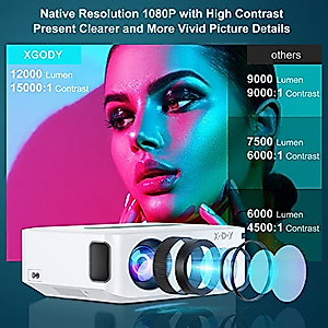 4K Support Projector with 5G WiFi and Bluetooth, XGODY X1 12000L Native 1080P HD Built-in Android OS Projectors Preinstall YouTube Netflix, 8000+ Apps, Dolby Sound Smart Portable Projector with Bag