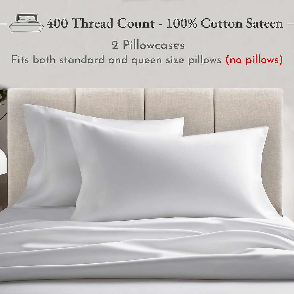 California Design Den Standard Queen Size Pillowcase Set - 400 Thread Count, 100% Cotton Sateen, Set of 2 Pillow Covers, Breathable, Cooling, Soft for Quality Sleep - Bright White