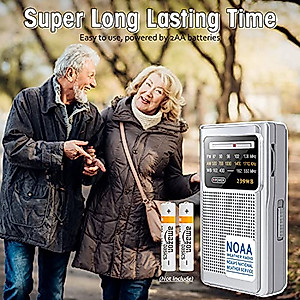 Greadio NOAA Weather Radio, AM/FM Battery Operated Transistor Portable Radio with Best Reception,Stereo Earphone Jack,Powered by 2 AA Battery for Emergency,Hurricane,Running, Walking,Home (Silver)