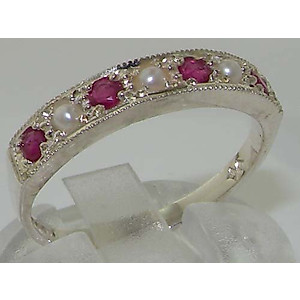 LetsBuyGold 925 Sterling Silver Cultured Pearl and Ruby Womens Band Ring - Sizes 4 to 12 Available