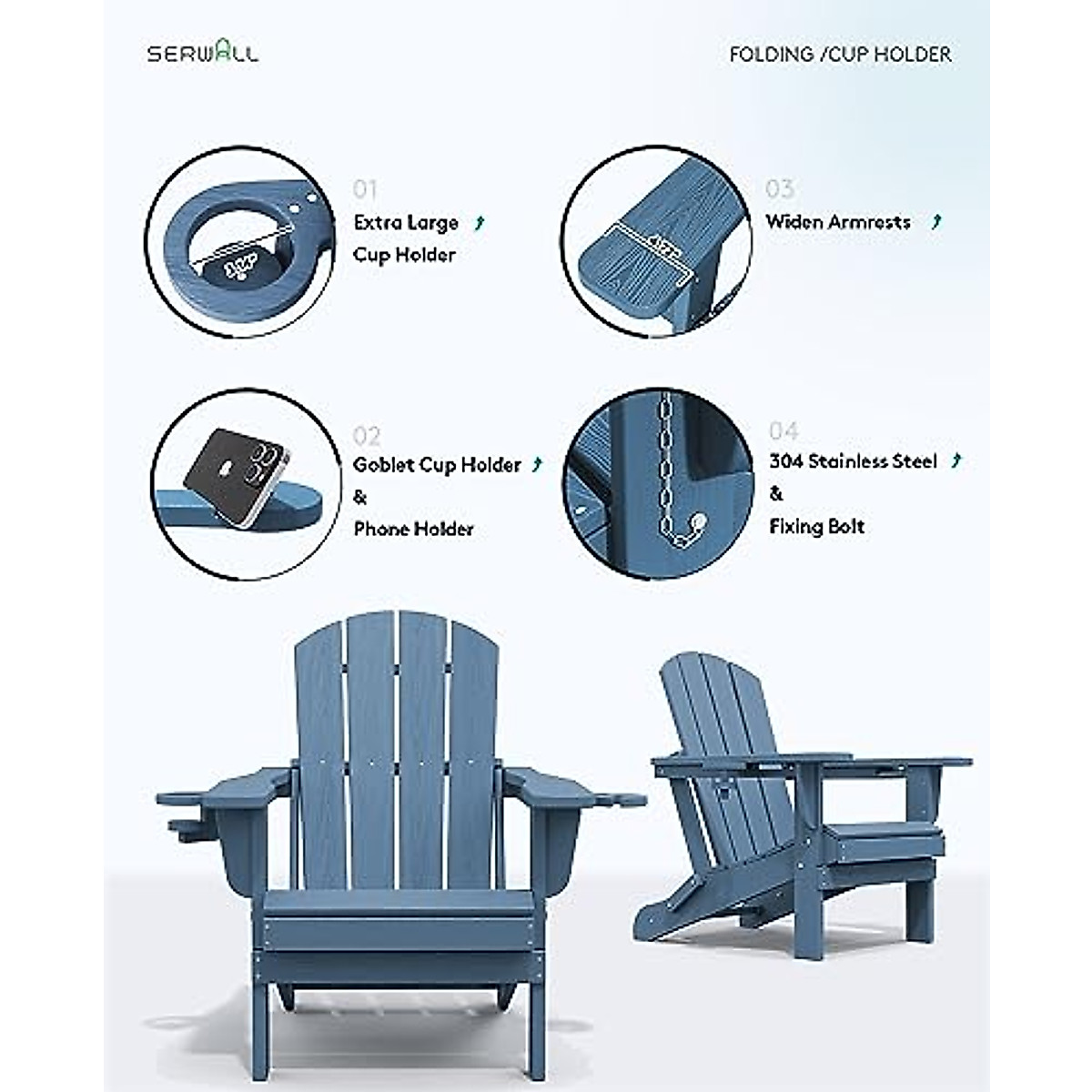 SERWALL Folding Adirondack Chair, HDPE Adirondack Chairs, Plastic Outdoor Chairs- Looks Exactly Like Real Wood- Navy