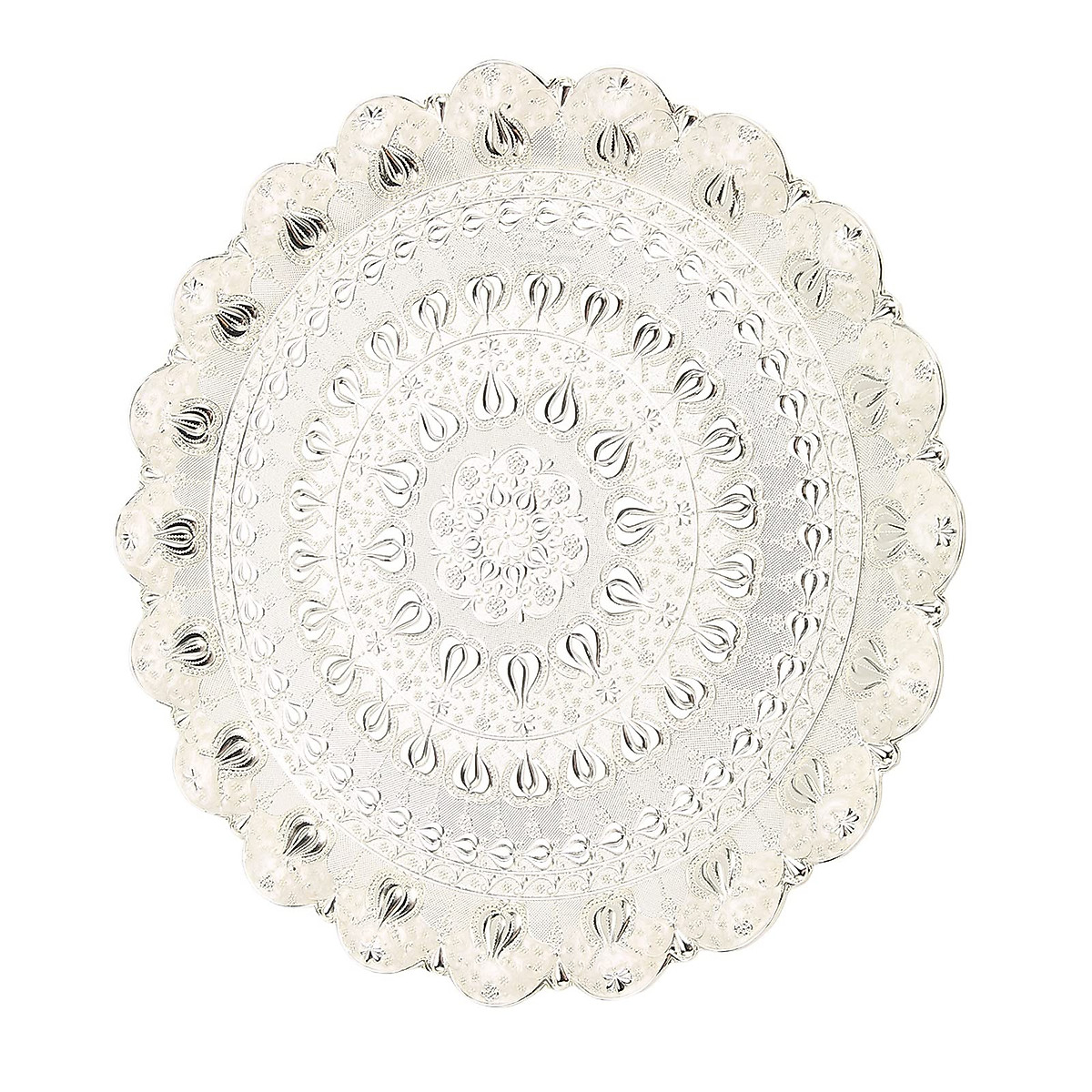 Ozgkee Turkish Tea Coffee Serving Tray, Vintage Style Embossed Pattern Round Coffee Plate for Bar Outdoor Dresser Dessert(Silver)