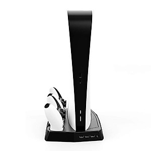 LULU MART PS5 Console with Dualsense Charging Station Cooling Fan Vertical Stand, Retractable Video Game Disc Storage for PS5 All in 1 Console Playstation 5 Console