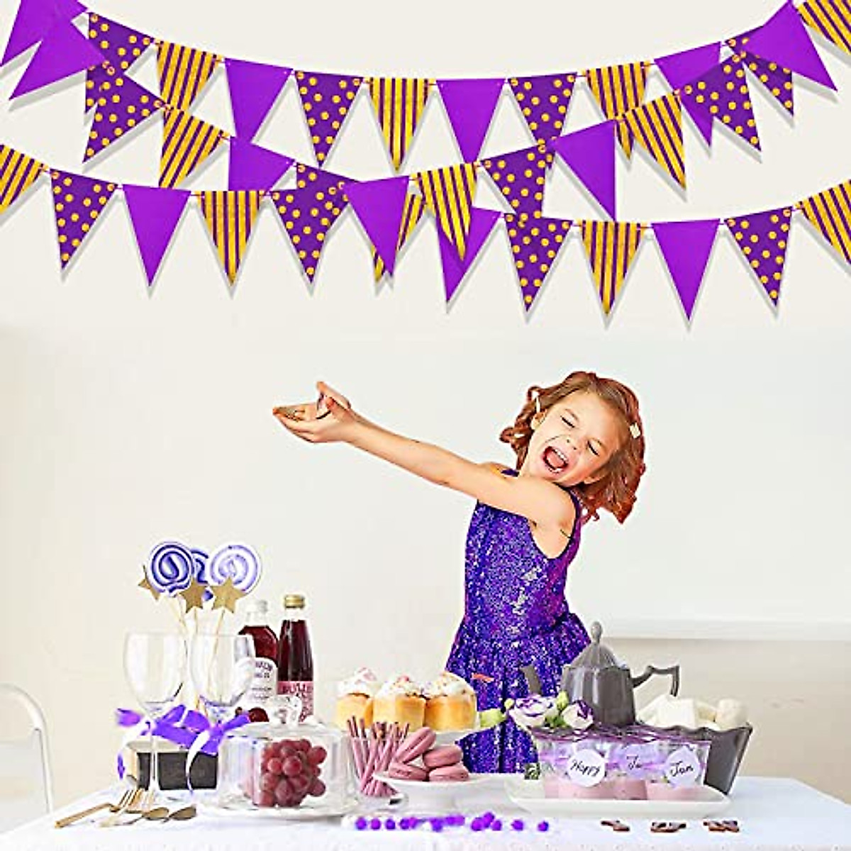 Purple Gold Party Decorations, Hanging Glitter Paper Triangle Flag Pennant Banner for St. Patrick's Day Graduation Carnival Bachelorette Engagement Wedding Birthday Baby Bridal Shower 33Ft