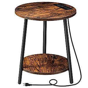 HOOBRO End Table with Charging Station, 2-Tier Round Side Table with Wooden Shelves, Modern Farmhouse Small Accent Table for Living Room Bedroom, Small Spaces, Rustic Brown and Black BF671BZ01