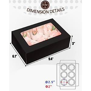 qiqee Black 6 Cupcake Boxes with Window Auto-pop up 30 Packs Cupcake Box 9"x6.1"x3.3" Bakery Boxes For Cupcakes Carrier, Cupcake Containers