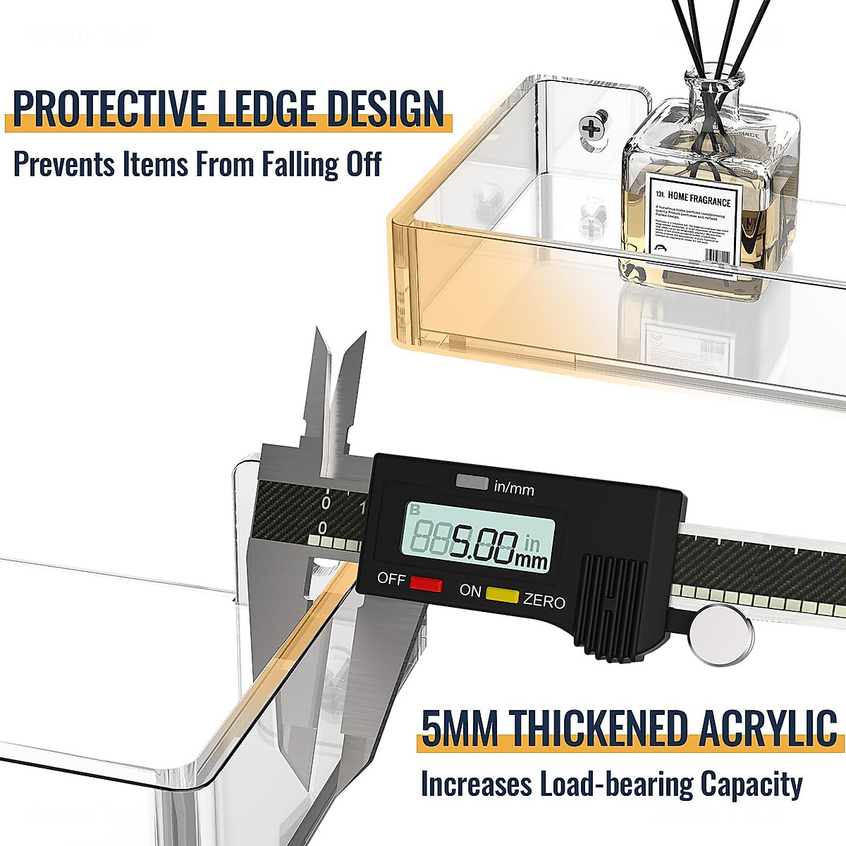 NiHome Clear Acrylic Floating Wall Shelves Set of 3 Sizes, 5mm Thickness Display Wall Shelves with Edge, Bathroom Wall Mounted Shelf Hanging Floating Bookshelves for Home Office Wall Decoration