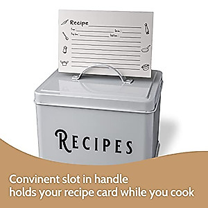 Large Farmhouse Metal Recipe Box With Cards And Dividers - White Vintage Tin Recipe Box With Card Holder In Handle. Comes With 80 4 X 6 Double Sided Recipe Cards And 20 Dividers.