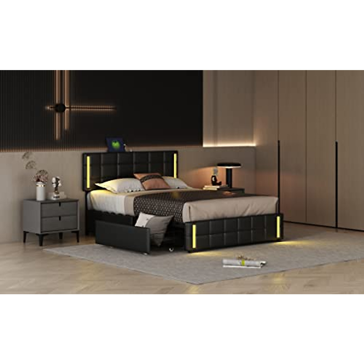 Anwickhomk Queen Size Upholstered Platform Bed Luxurious Bed Frame with LED Light 4 Drawers and 2 USB Charging Ports Adjustable Leather Headboard Storage Furniture for Kids Teen Adult Bedroom (Black)