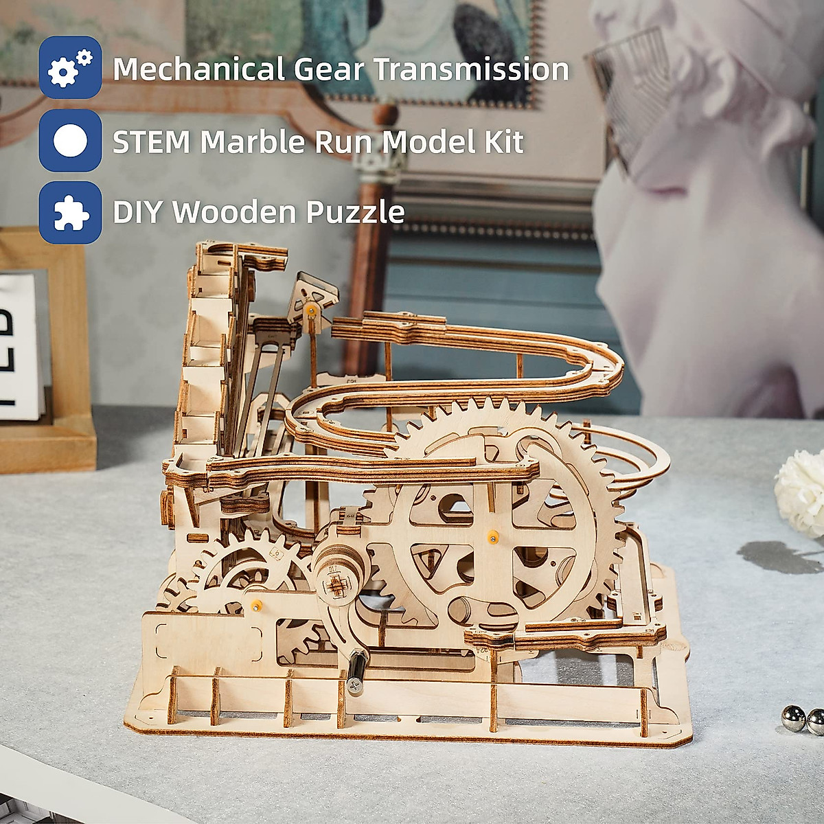 Rowood 3D Puzzles for Adults, Wooden Marblr Run Model Kit, DIY Building Kits for Adults to Build, Craft for Teens, Gift for Adults & Teen Boys Girls, Age 14+, Waterwheel Coaster