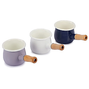 FARCADY 0.6qt Mini Enamel Milk Pot Insulated Wooden Handle 2 Pour Spouts Small Food Warmer Cute Saucepan(D015,White)