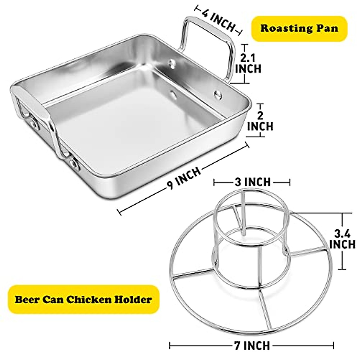 Small Roasting Pan with Beer Can Chicken Holder Set, E-far Stainless Steel Vertical Chicken Roasting Stand Rack with 9 Inch Square Drip Pan for Oven BBQ Grill Smoker, Heavy Duty & Dishwasher Safe