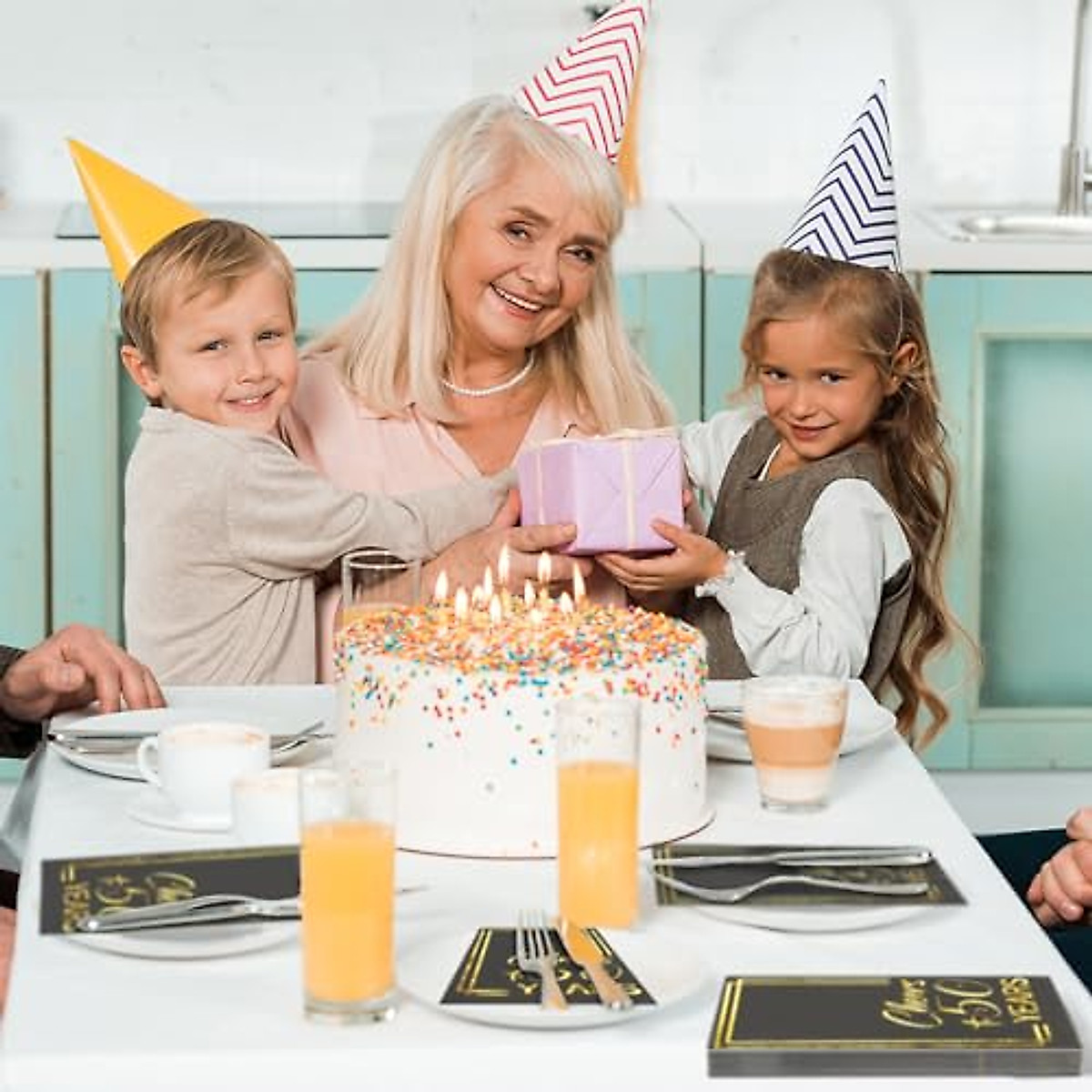 Geyoga 200 Pcs Anniversary Cocktail Napkins Guest Napkins Birthday Decoration Gold Foil Black Napkin Men Women Disposable Paper Napkins Pack for Wedding Party Supplies (50th Birthday)