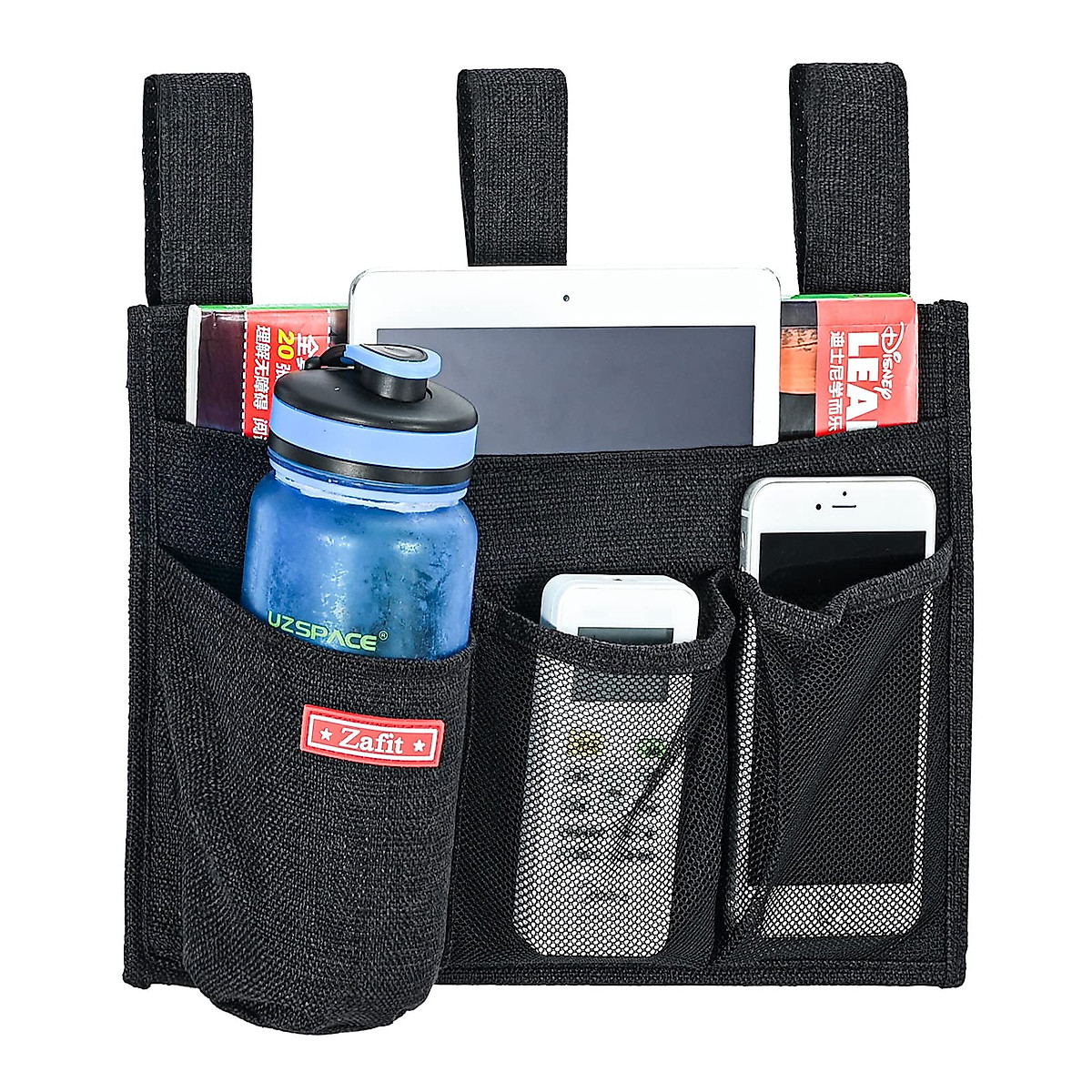 Zafit Linen Bedside Caddy, Bedside Storage Organizer for Hospital Beds, College Dorm Rooms or Baby Bed (4 Pockets-Black)