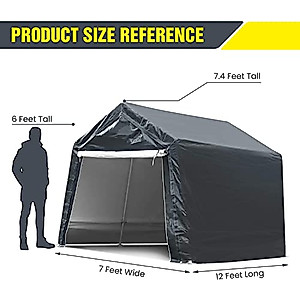 Sefzone 7x12x7.4Ft Storage Shelter, Outdoor Portable Shed with Detachable Roll-up Zipper Door, 240 PE Fabric, Heavy Duty Frame, Waterproof, Anti-UV, Portable Storage Tent for Bike, ATV, Motorcycle