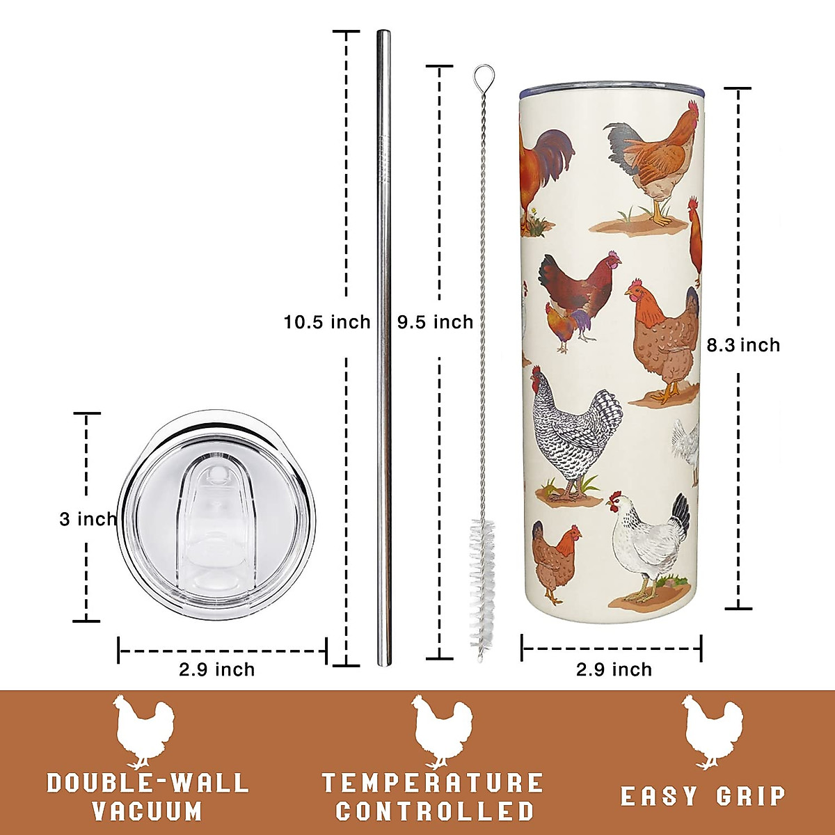 Breeds of Chicken Tumbler, Chicken Gifts for Chicken Lovers, Rooster Cup, Breeds of Chicken Tumbler, Cute Tumbler with Lid and Straw, Chicken Cup Travel Mug Coffee Mugs- 20 OZ Chicken Breed Tumbler