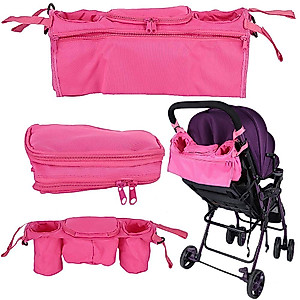 Stroller Organizer with Cup Holder, Zipper Design Durable Stroller Organizer Bag, Hook & Loop Design Cart for Umbrella Stroller(Pink)