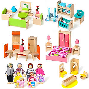 Civaner 52 Pcs Wooden Dollhouse Furniture Set Including 8 Family Dolls Miniature Doll House Accessories 1:12 Scale 5 Space Kits Bathroom Bedroom Living Room Dining Room Kitchen Gift for Christmas