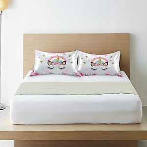 Dalzium Cute Unicorn Girl Print Satin Pillowcase for Hair and Skin, Unicorn and Pink Flowers Silk Pillow Case with Envelope Closure, Standard Size 20x26 inches, White, 1 PC