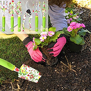 Garden Tool Set, 6 PCS Heavy Duty Aluminum Gardening Hand Tools Kit, Floral Print Gardening Tool Set, Gardening Gifts for Women with Pruning Shears Weeder Hand Rake Shovel Transplanter Cultivator