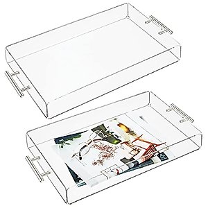 mDesign Modern Acrylic Rectangular Serving Tray with Handles for Food, Tea, Coffee, Breakfast, Snacks, Cheese, Appetizers - Use in Kitchen, Bathroom, Office - Small, 2 Pack - Clear/Stainless Steel