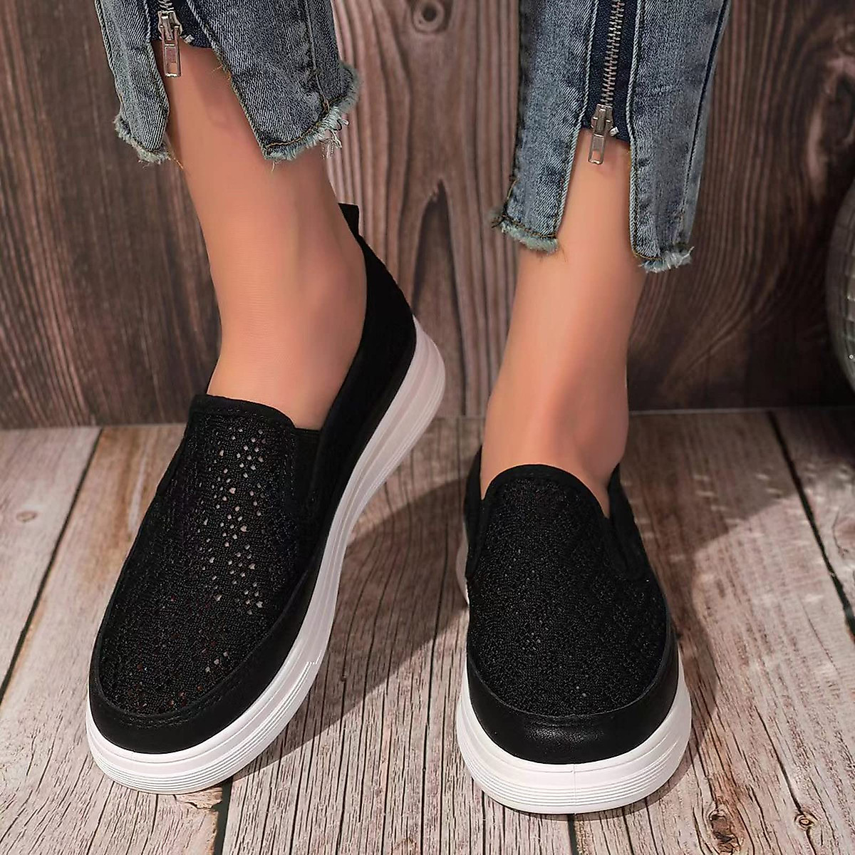 Sneakers for Women Fashion Sneakers Women's Canvas Shoes Sneaker Walking Shoes Ladies Fashion Solid Color Breathable Hollow Mesh Round Head Shallow Flat Black