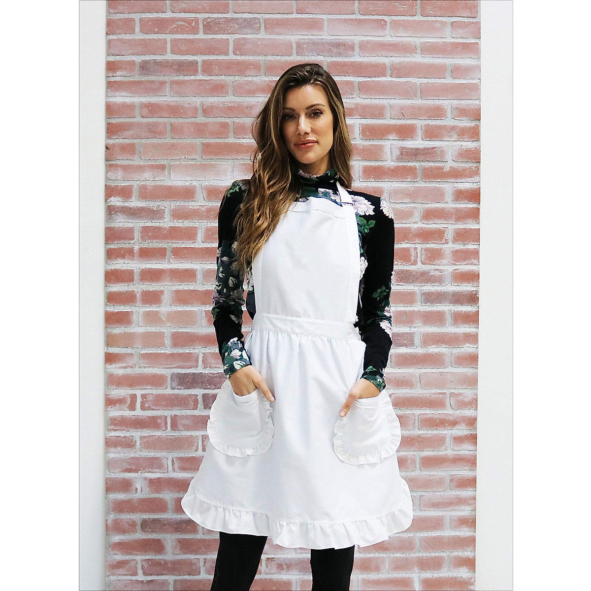 ModParty Apron for Women Ruffle Trim with Pockets Adjustable Straps Retro Kitchen Apron for Baking & Cooking (White)