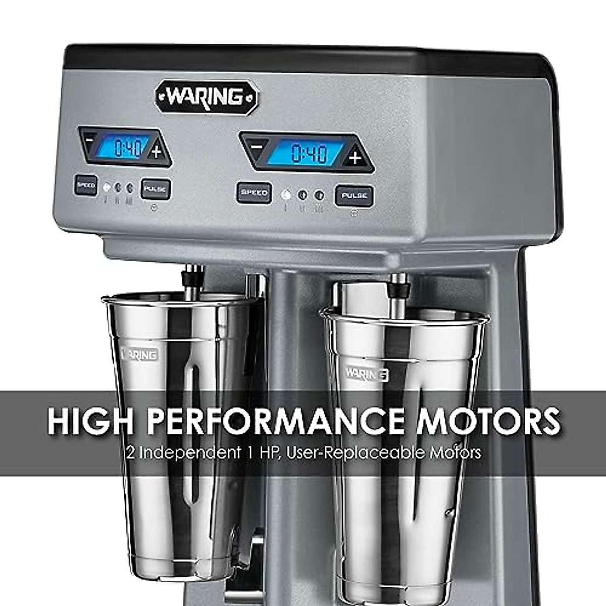 Waring Commercial WDM240TX Heavy-Duty Double Spindle Drink Mixer, Each Spindle Has Independent 1hp Motor, with Countdown Timer, Digital Display, Automatic Start/Stop, 120V, 5-15 Phase Plug, Silver