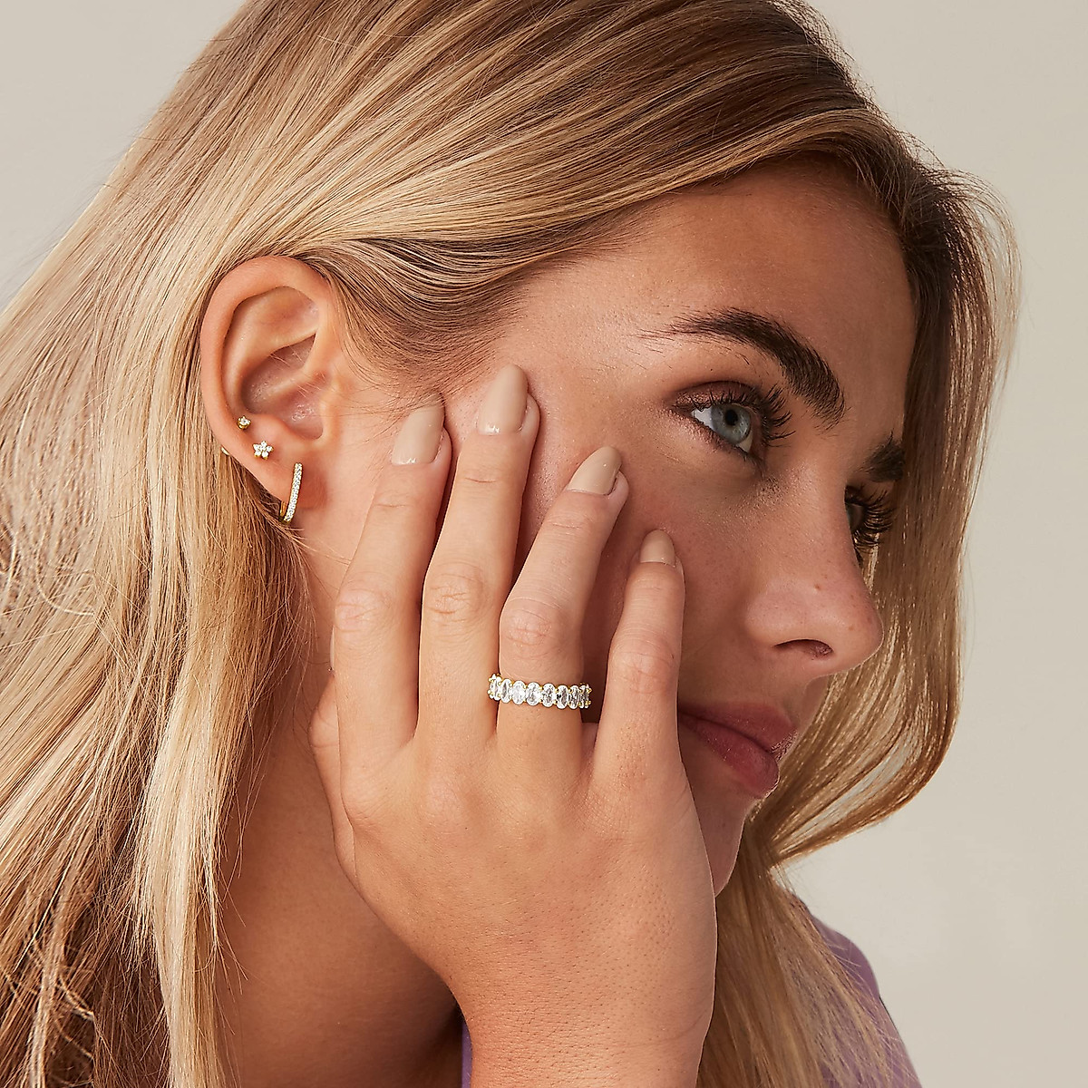 PAVOI 14K Yellow Gold Plated Rings Oval Cubic Zirconia Love | 5mm Stackable Yellow Gold Rings | Women Size 8