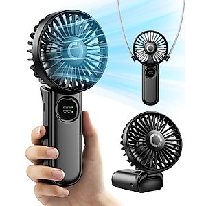 Handheld Fan, Foldable Portable Fan with LED Display, 3000mAh Battery Operated Mini Hand Held Fan, Handheld/Neck/Desk 3 in 1 Personal Small Fan for Eyelash Makeup Travel Beach Outdoor Black